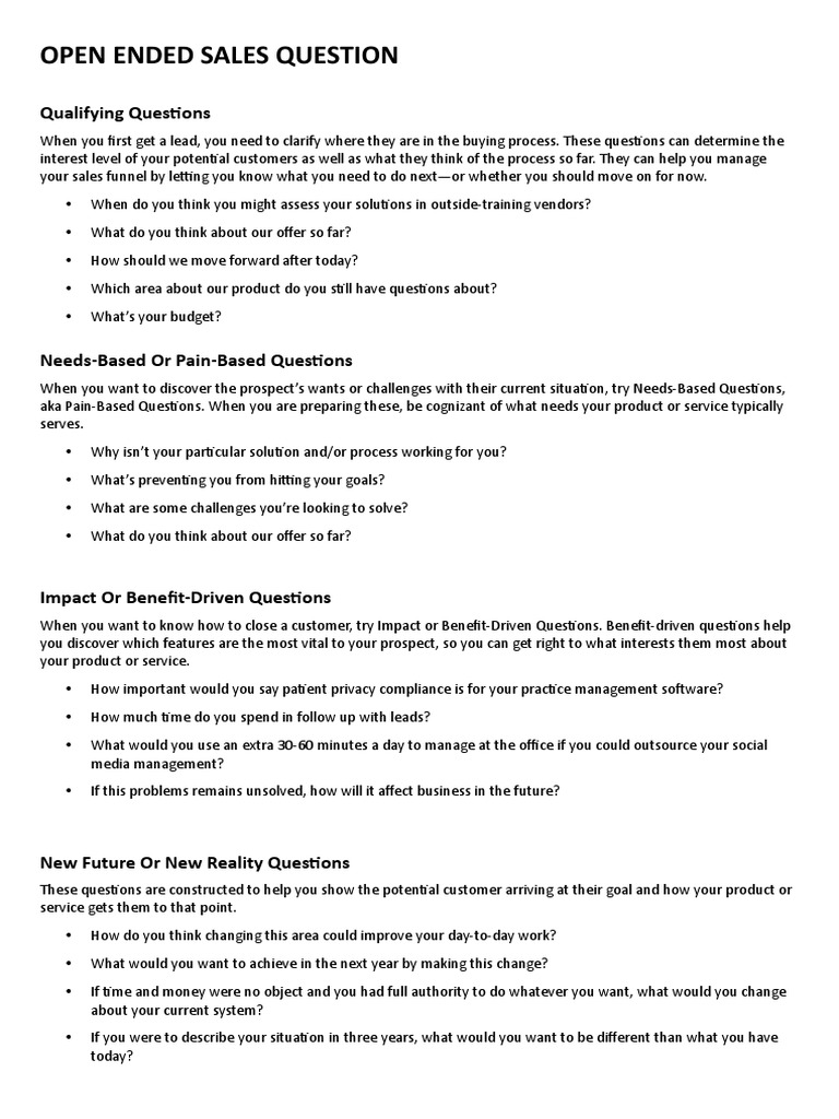 Effective Open-Ended Sales Questions | PDF | Sales | Business