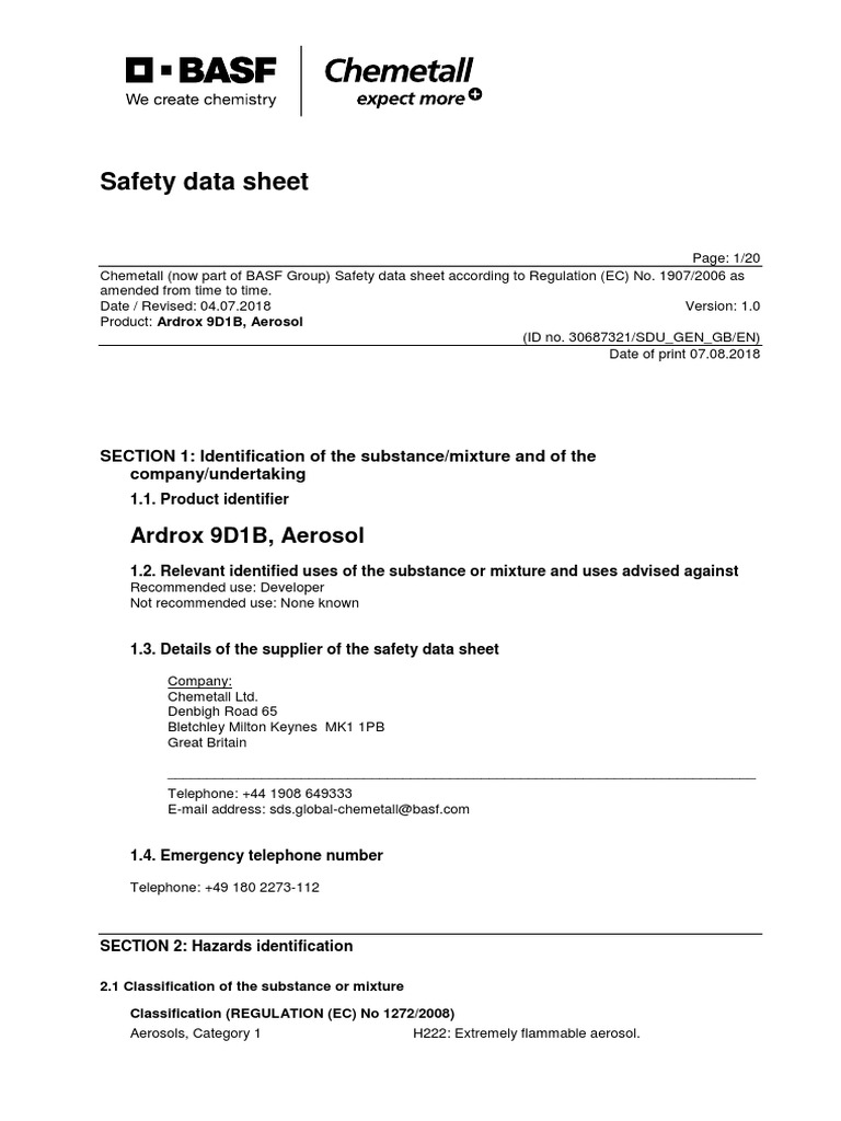 Safety Data Sheet: Ardrox 9D1B, Aerosol | PDF | Toxicity | Firefighting