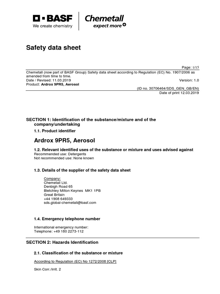 Safety Data Sheet: Ardrox 9PR5, Aerosol | Download Free PDF | Dangerous ...