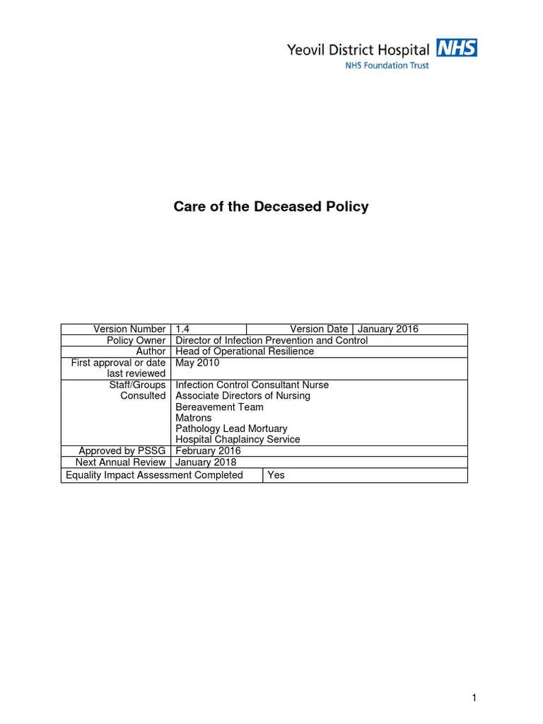 Care of The Deceased Policy | PDF | Infection | Morgue