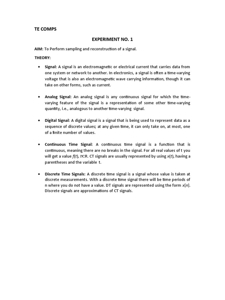 Te Comps Experiment No. 1: AIM: To Perform Sampling and Reconstruction of A Signal. Theory ...