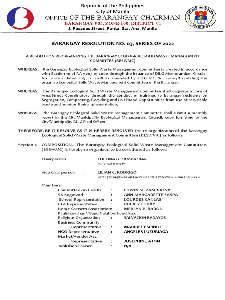 Resolution No 1 s2022 BESWMC | PDF | Waste Management | Environment