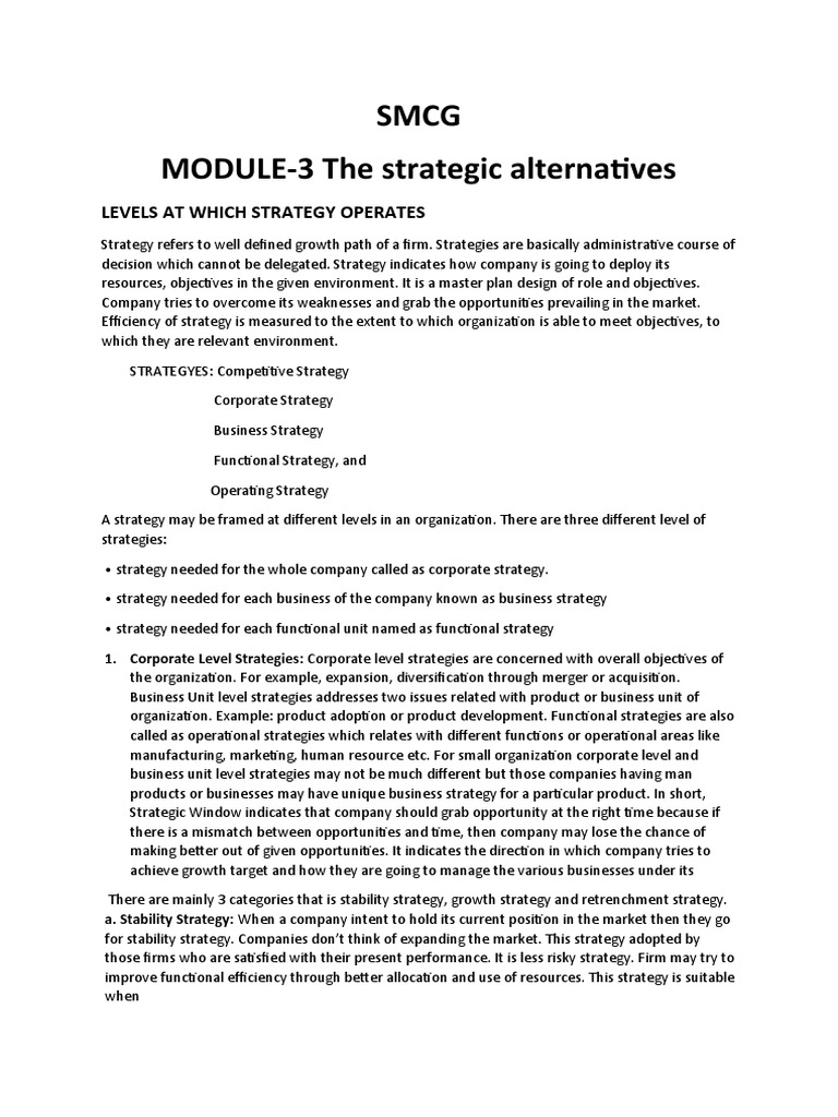 SMCG MODULE-3 The Strategic Alternatives: Levels at Which Strategy ...