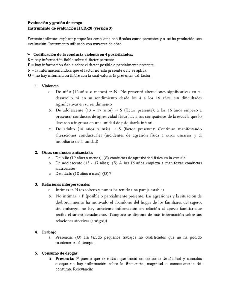 Instrumento HCR-20. Evaluación y Gestión de Riesgo | PDF | Trastorno mental | Adultos