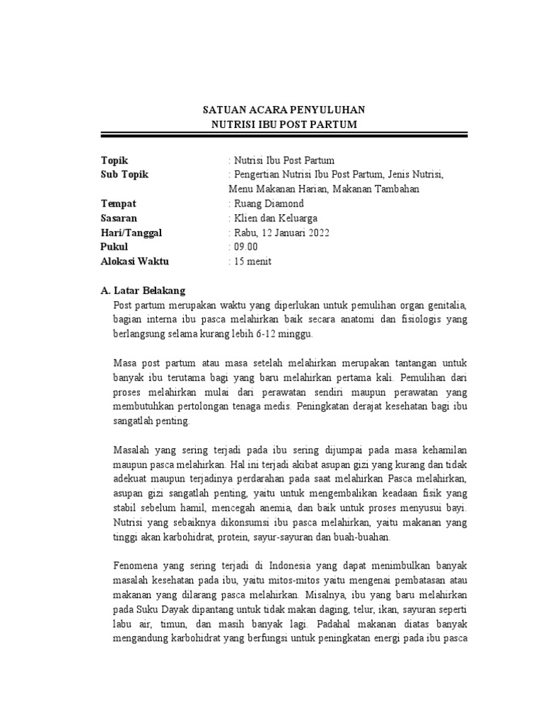 Sap Post Partum | PDF | Kesehatan Holistik