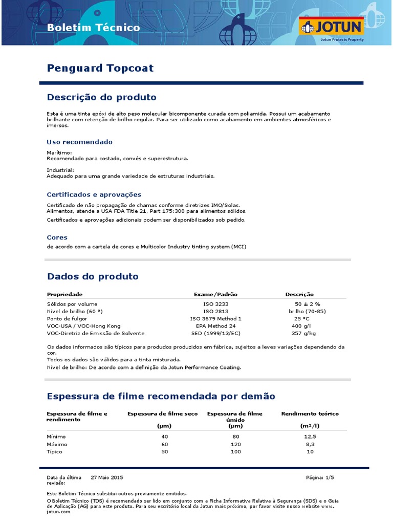 Boletim Técnico sobre o Sistema de Revestimento Epóxi Penguard Topcoat ...