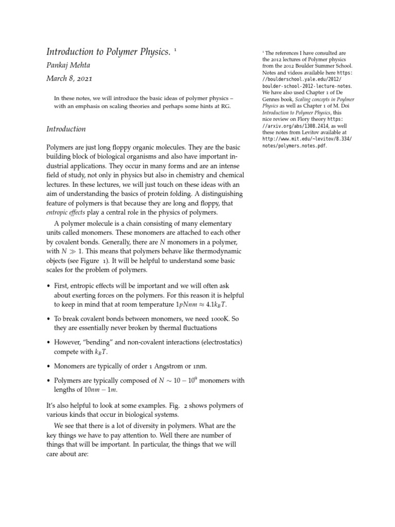 Introduction To Polymer Physics.: Pankaj Mehta March 8, 2021 | PDF ...