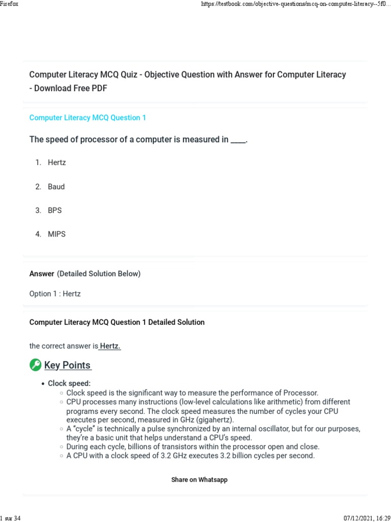 Computer Literacy MCQ Quiz - Objective Question With Answer For Computer Literacy - Download ...