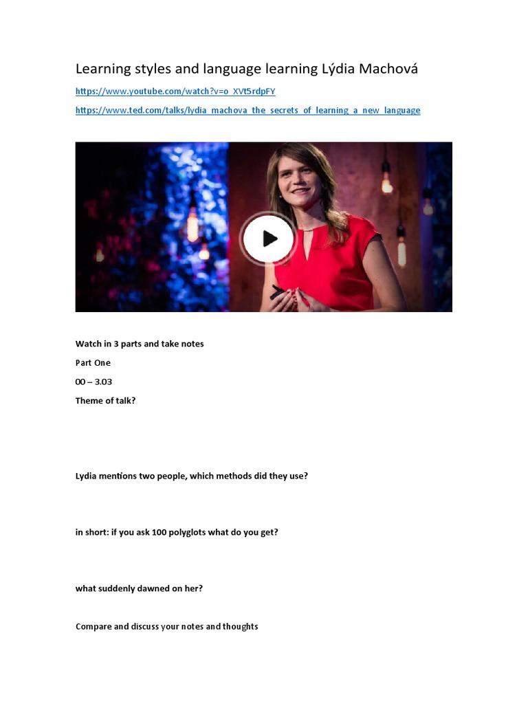 Learning Styles and Language Learning Lýdia Machová Ted Talk Ss Wksheet ...