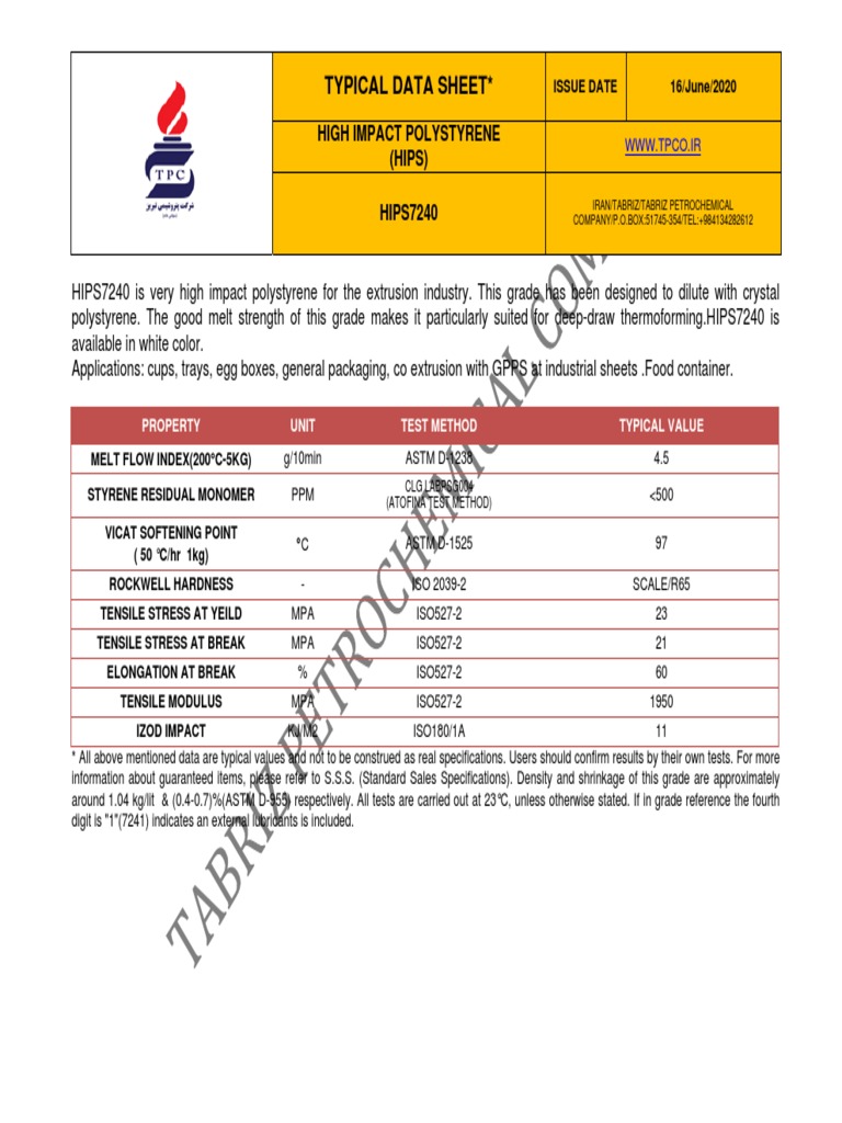 Typical Data Sheet : High Impact Polystyrene (HIPS) HIPS7240 | PDF ...