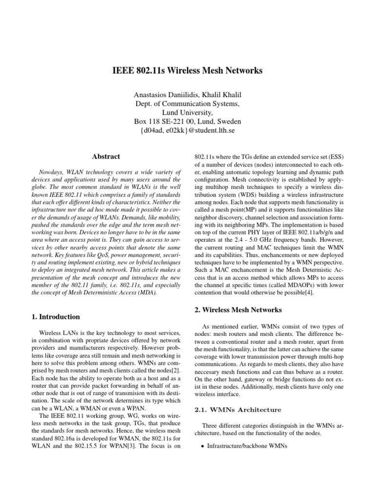 IEEE 802.11s Wireless Mesh Networks | Download Free PDF | Wireless Lan | Computer Network