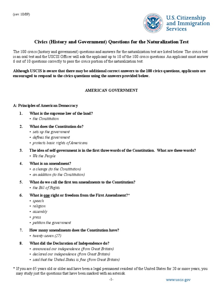 Civics (History and Government) Questions For The Naturalization Test ...
