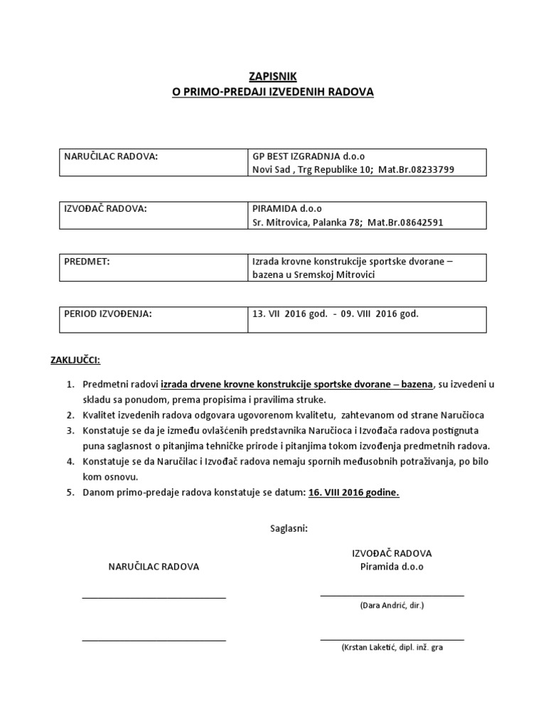 Zapisnik o Primopredaji Objekta | PDF