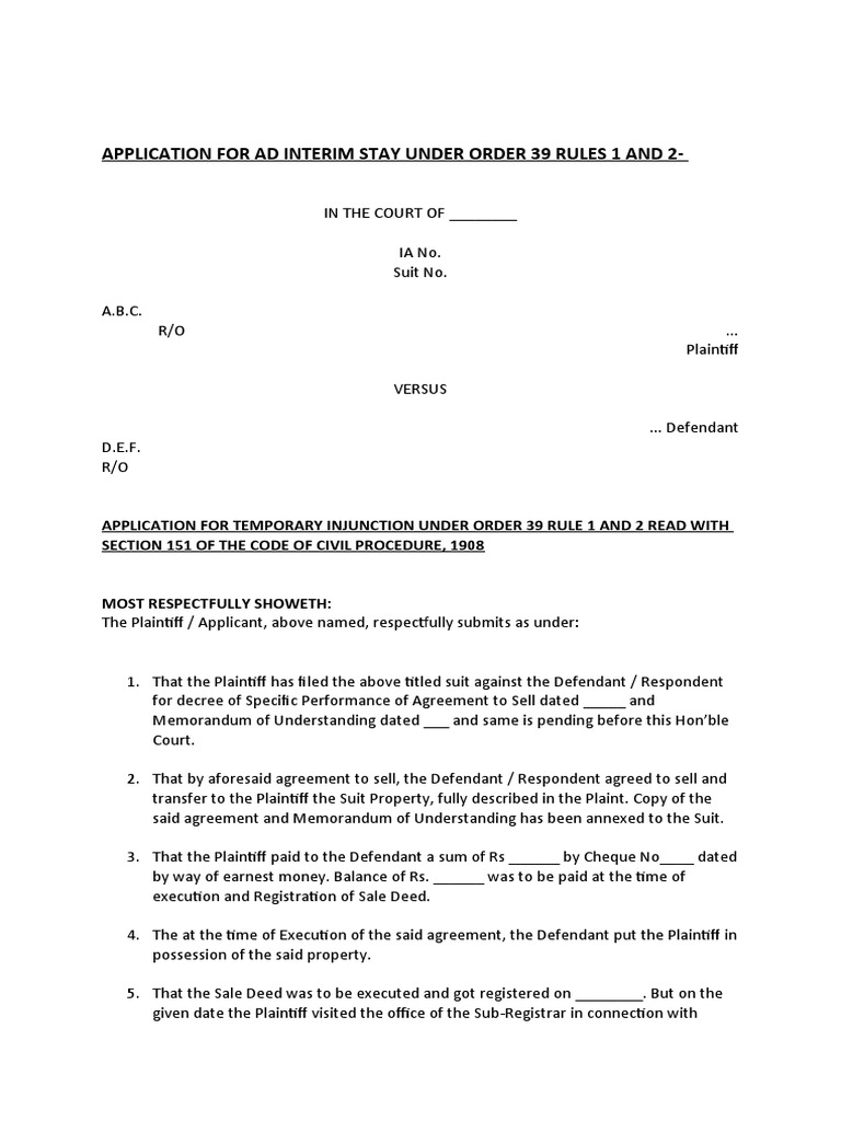 Application For Ad Interim Stay Under Order 39 Rules 1 and 2 | PDF ...