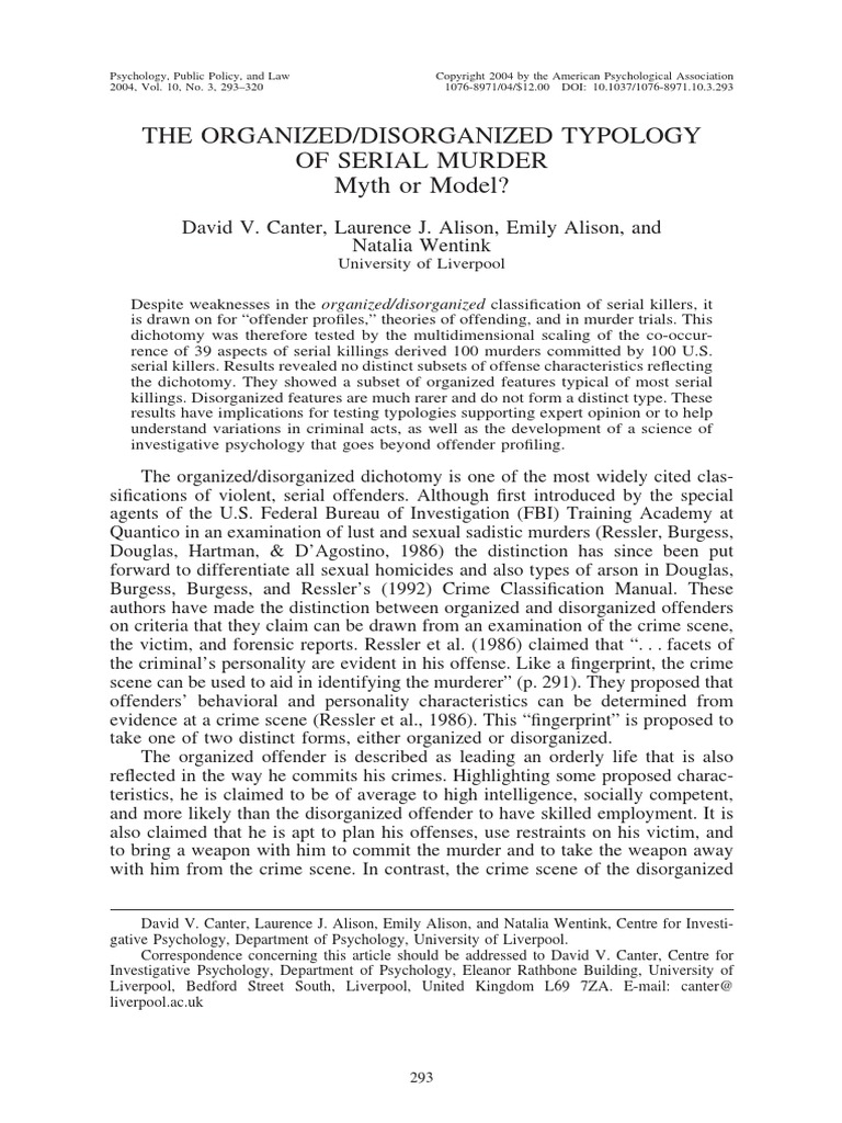 The Organized/Disorganized Typology of Serial Murder Myth or Model ...