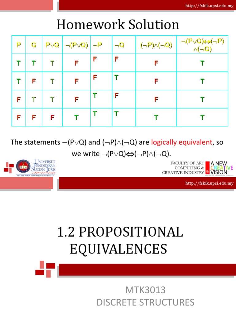 MTK3013-Chapter1.2 Propositional Equivalences Updated | PDF | First ...