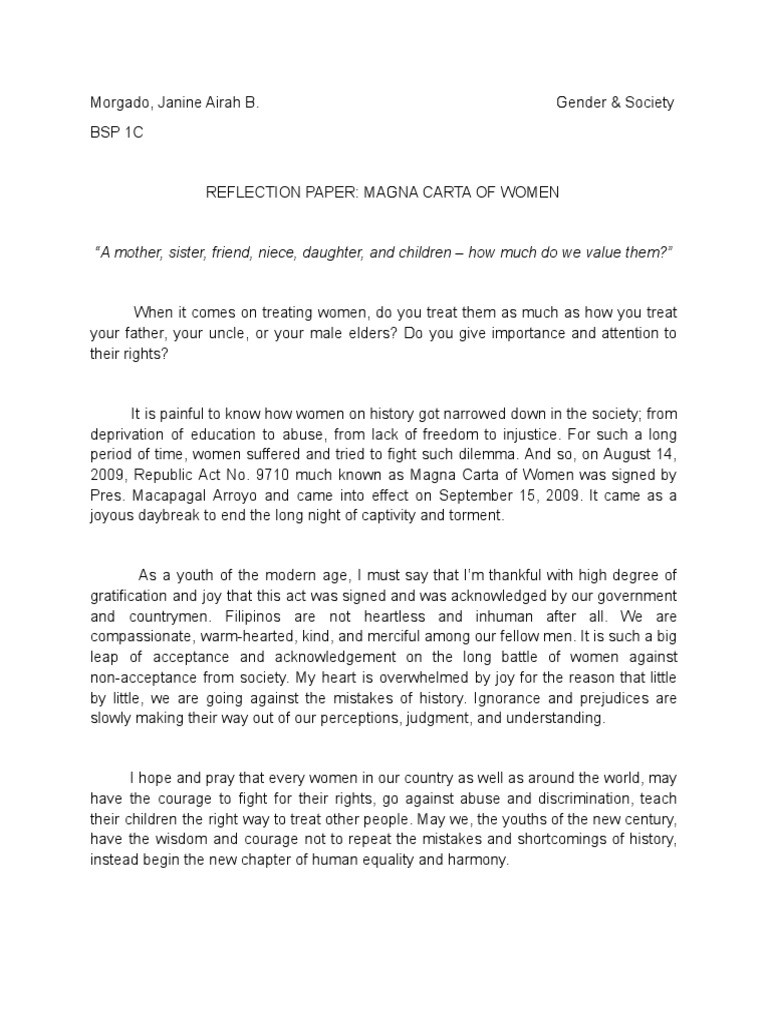 Reflection on the Magna Carta for Women | PDF | Social Equality ...