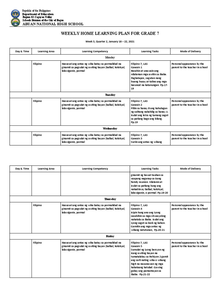 Weekly Home Learning Plan - FILIPINO | PDF