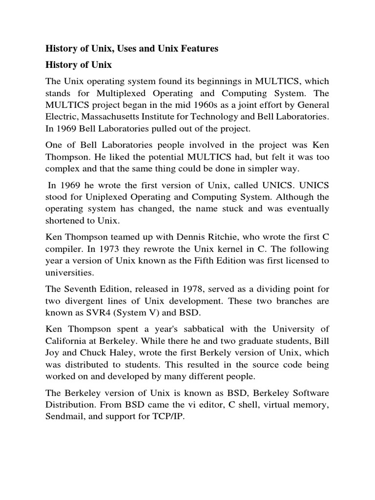 History of Unix, Uses and Unix Features History of Unix | PDF | Process (Computing) | Operating ...