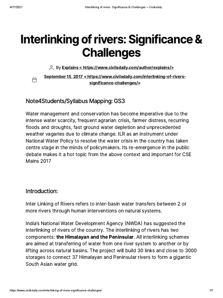 Interlinking of Rivers - Significance & Challenges - Civilsdaily | PDF ...