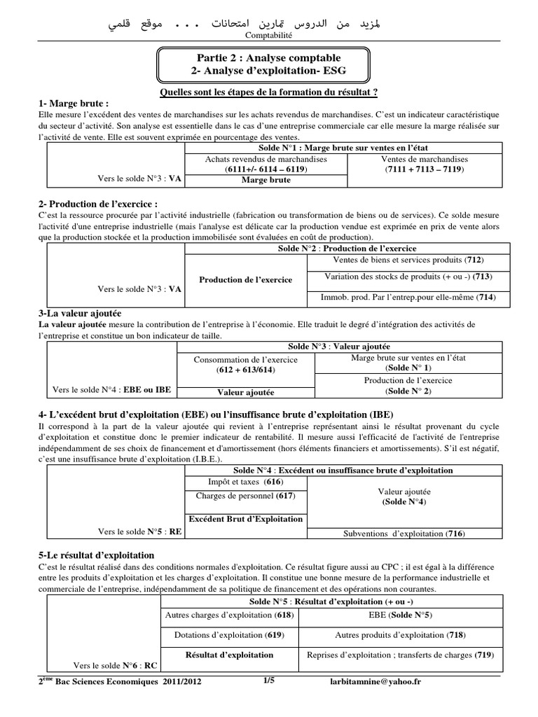 Analyse Comptable 2 Analyse Dexploitation ESG 2 Bac Sciences ...