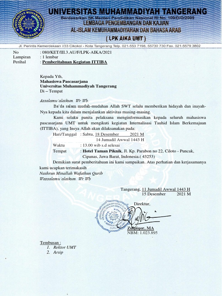 Surat Pemberitahuan Ittiba Pasca Umt | PDF