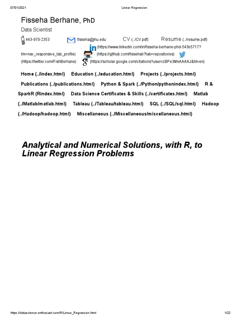 Fisseha Berhane,: Analytical and Numerical Solutions, With R, To Linear Regression Problems ...
