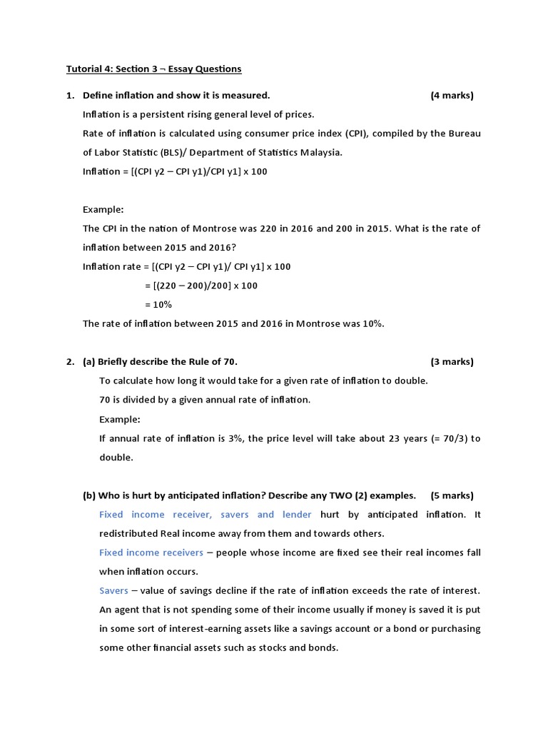 Tutorial 4: Section 3 Essay Questions 1. Define Inflation and Show It ...