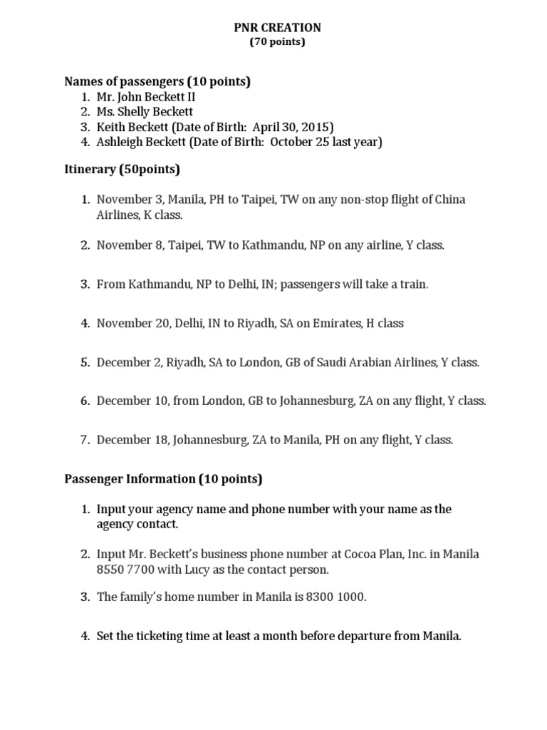 Amadeus PNR Creation Exercise - No.9 | PDF