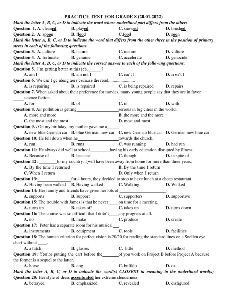 Grade 8 English Practice Test | PDF | Biodiversity | Ecosystem