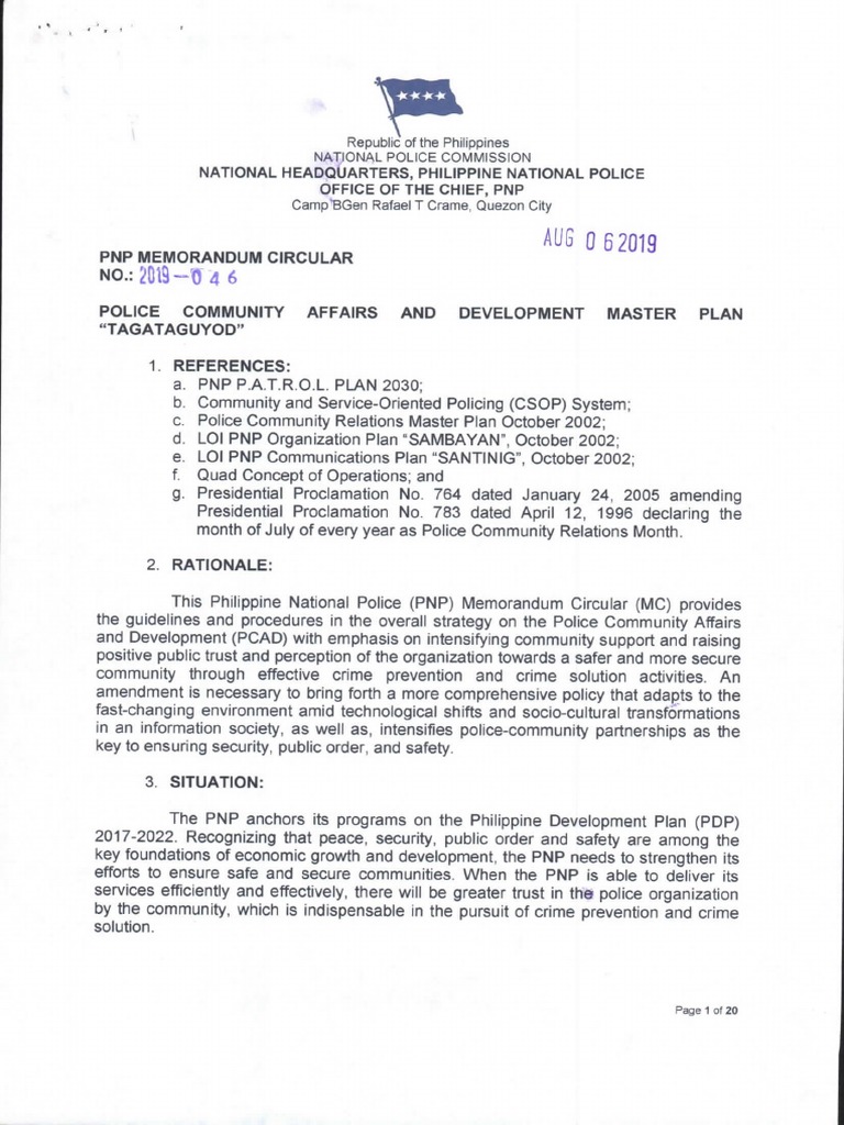 PNP MC 2019 046 PCAD Master Plan Tagataguyod | PDF