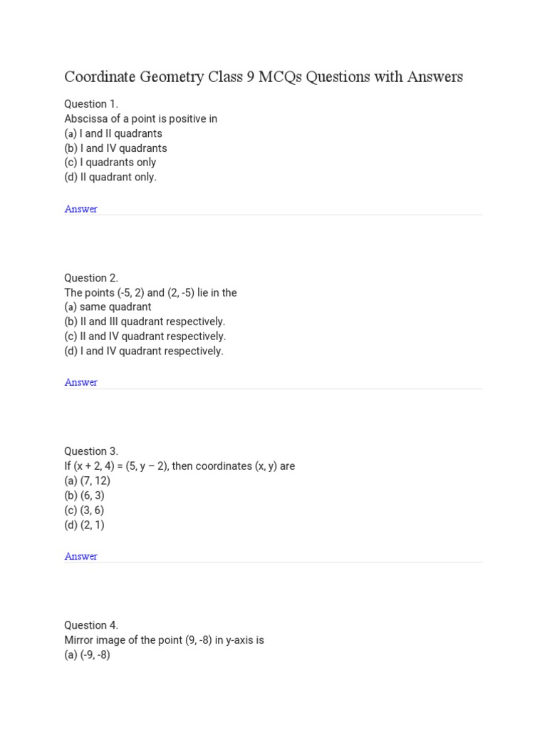 Coordinate Geometry Class 9 MCQs Questions With Answers | PDF