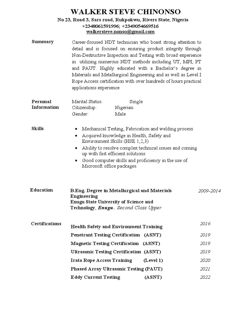 Walker Steve CV | PDF | Nondestructive Testing