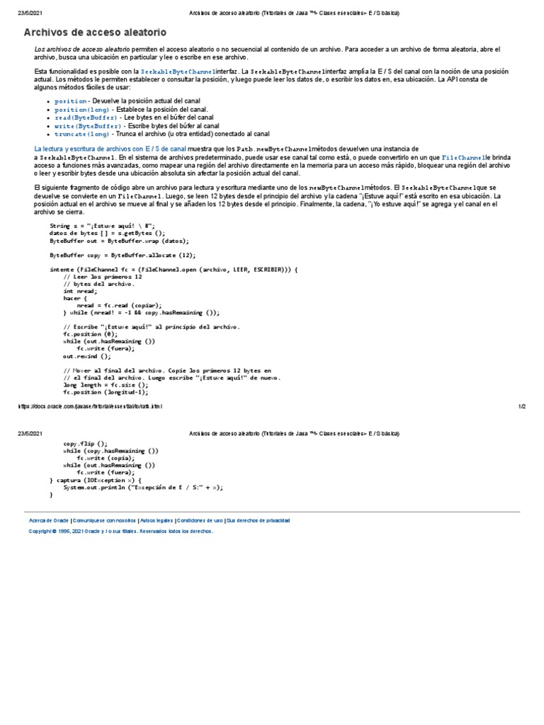 Archivos de acceso aleatorio (Tutoriales de Java ™_ Clases esenciales_ E _ S básica) | PDF ...