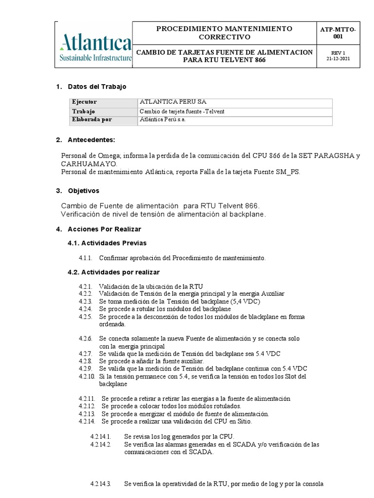 Mantenimiento Correctivo RTU Telvent 866 | PDF | Scada | Electrónica