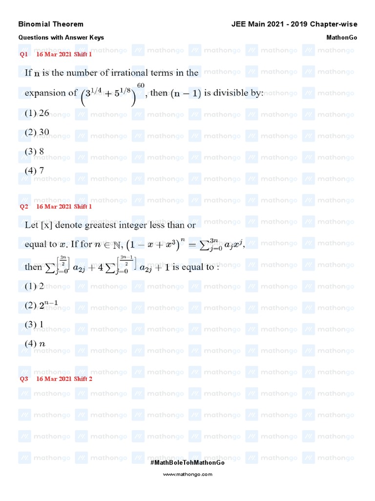 Binomial Theorem - JEE Main 2021 - 2019 Chapter-Wise | PDF | Mathematics