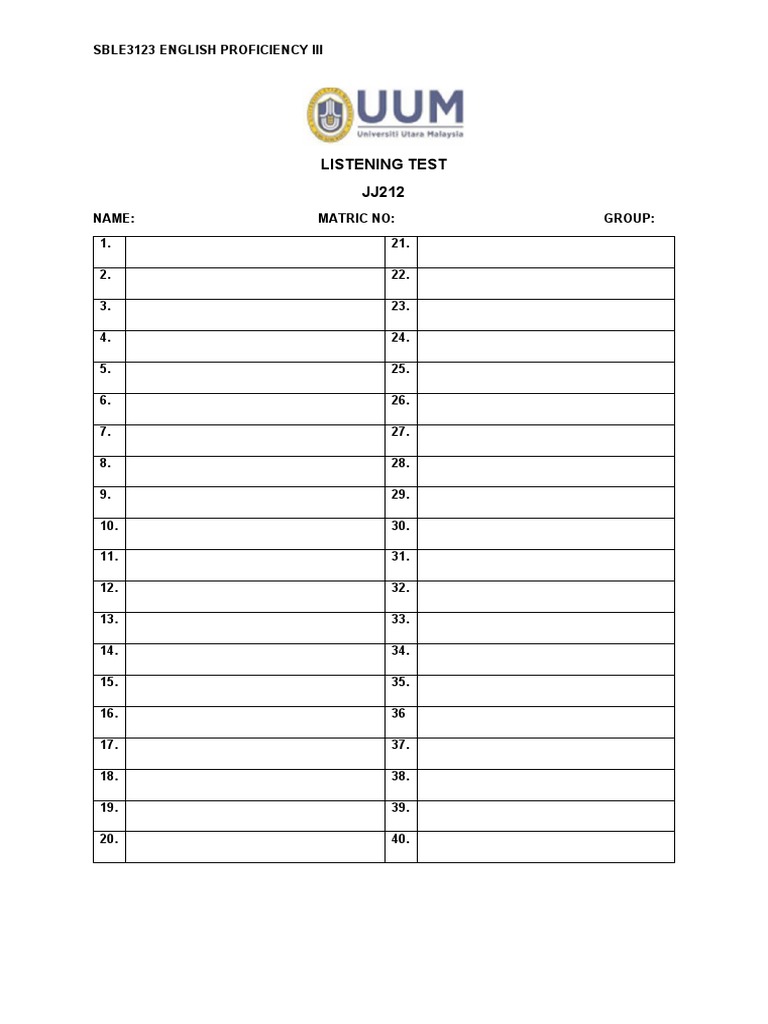 Answer Sheet - Listening Test | PDF