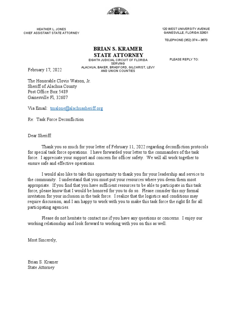 State Attorney Brian S. Kramer Letter Responding To Alachua County ...