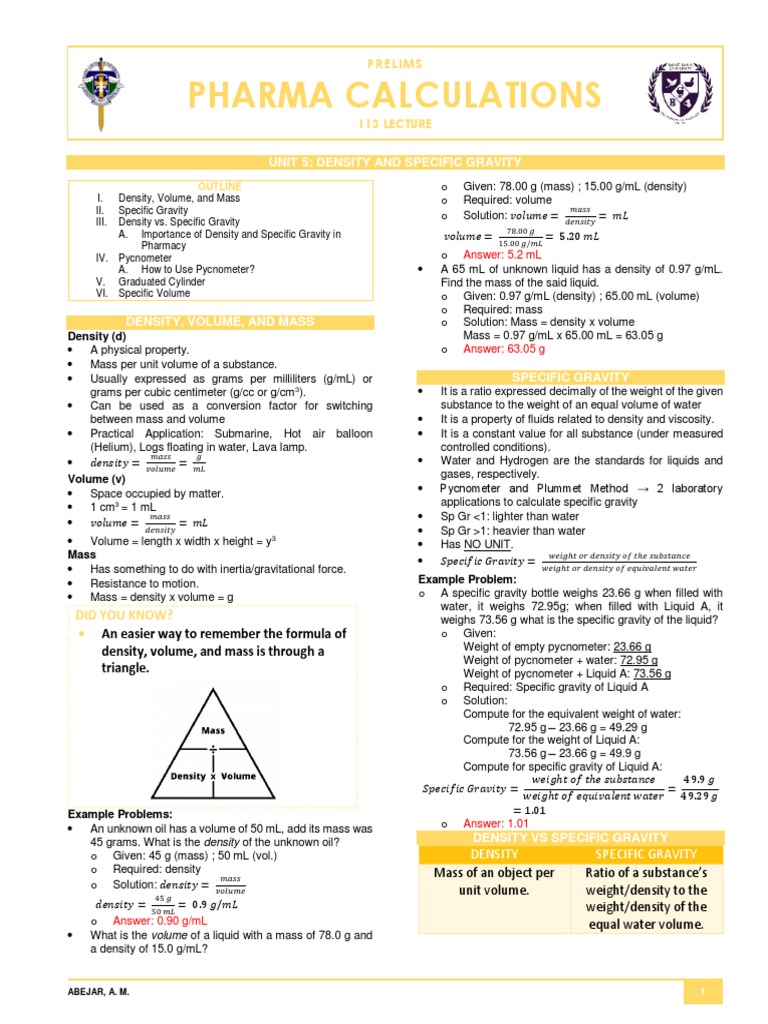 Pharma Calculations: Unit 5: Density and Specific Gravity | PDF ...