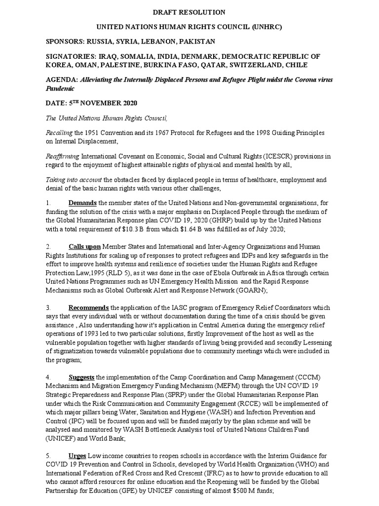 UNHRC draft resolution aids displaced amid pandemic | PDF | Internally ...