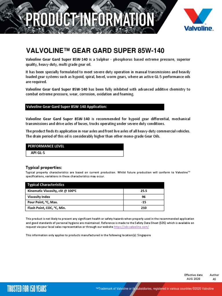Valvoline Gear Gard Super 85W-140 | PDF