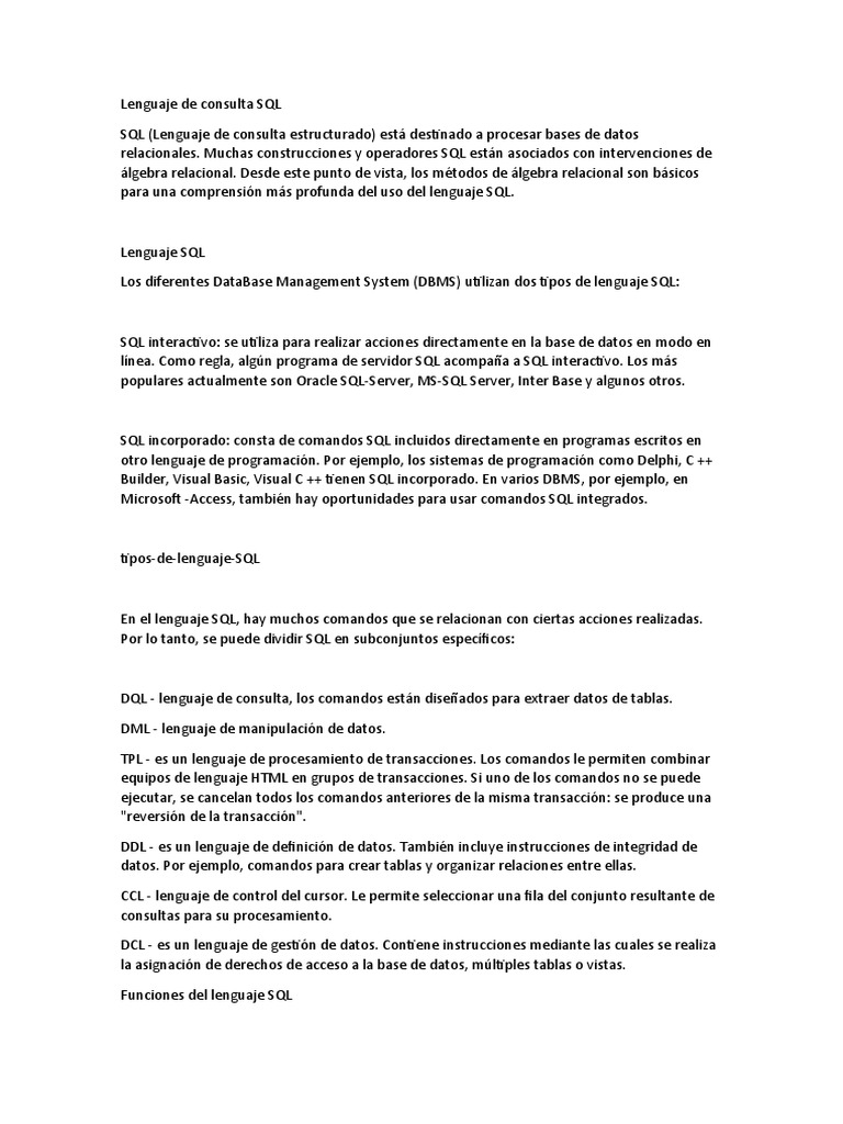 Lenguaje de Consulta SQL | PDF | SQL | Bases de datos
