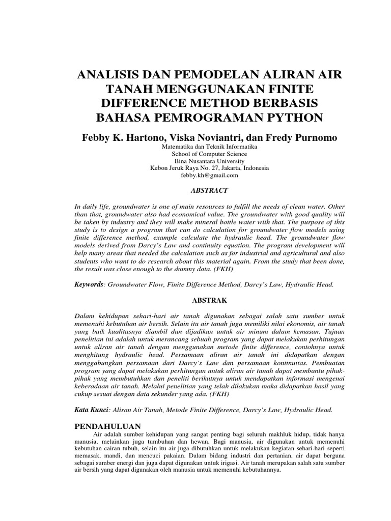 Analisis Dan Pemodelan Aliran Air Tanah Menggunakan Finite Difference Method Berbasis Bahasa ...