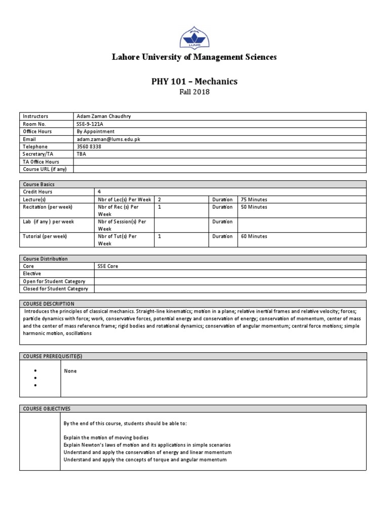 Lahore University of Management Sciences PHY 101 - Mechanics | PDF | Momentum | Angular Momentum