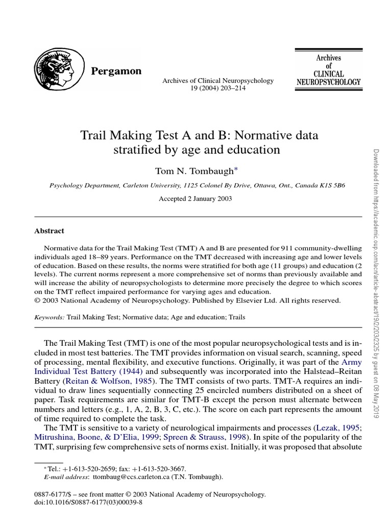 Trail Making Test A and B Norms | PDF | Cognition | Behavioural Sciences