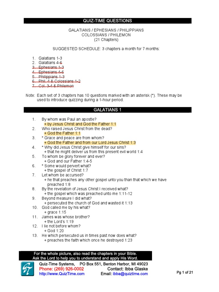 Galatians Bible Quiz Questions | PDF | Jesus | Epistle To The Colossians