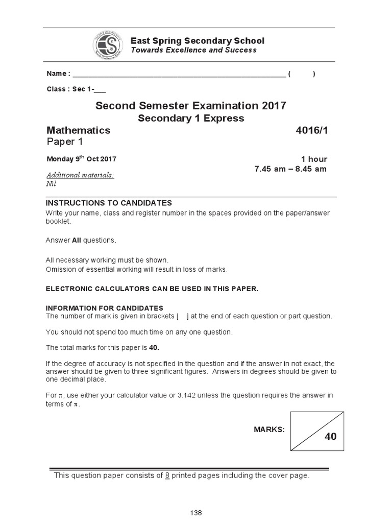 Secondary 1 Mathematics Exam Paper 2017 | PDF | Area | Pi