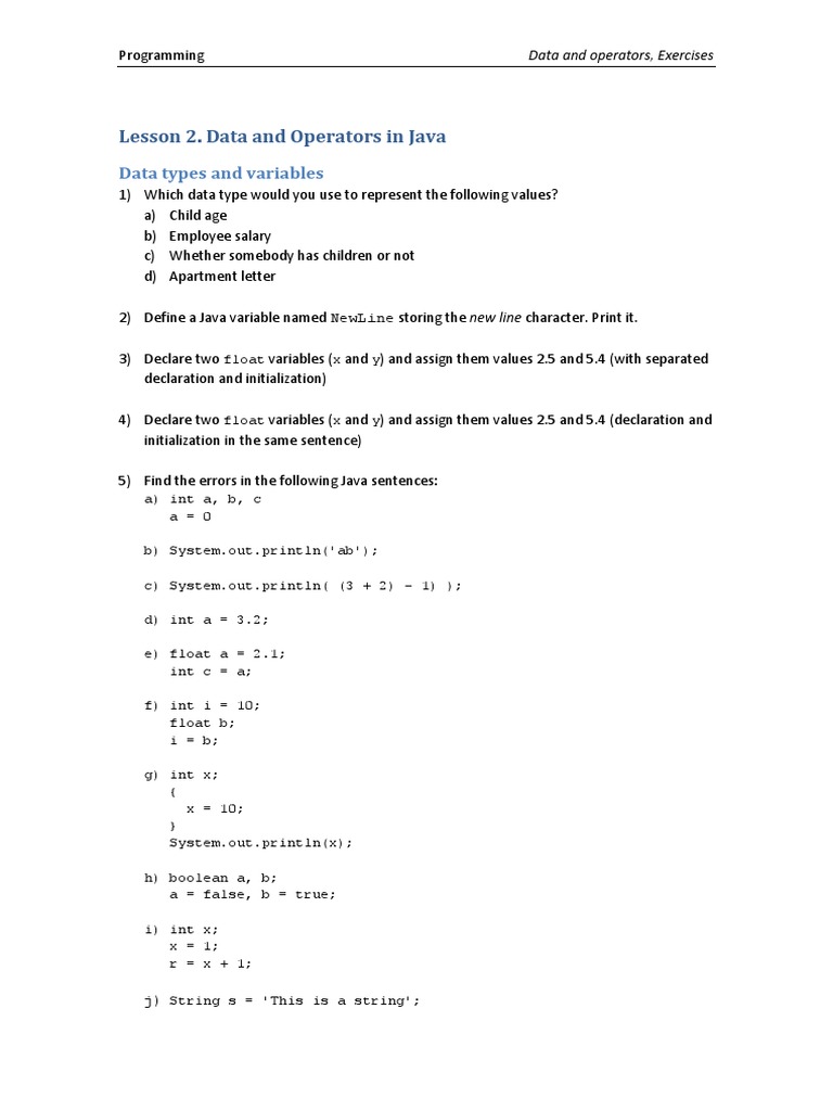 Data And Operators Exercises Pdf Data Type Integer Computer Science 9534