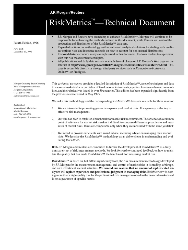 Riskmetrics - Technical Document: J.P.Morgan/Reuters | PDF | Value At ...