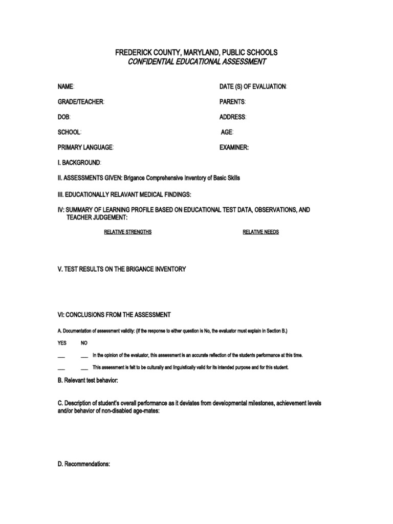 Brigance Comprehensive Battery Template | PDF